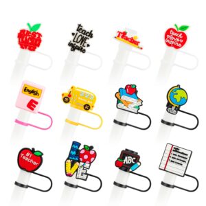 generic straw cover cap | 12pcs | 10mm | perfect for 30 & 40oz stanley cups | reusable | fun and cute designs (teacher), frustrawcap1