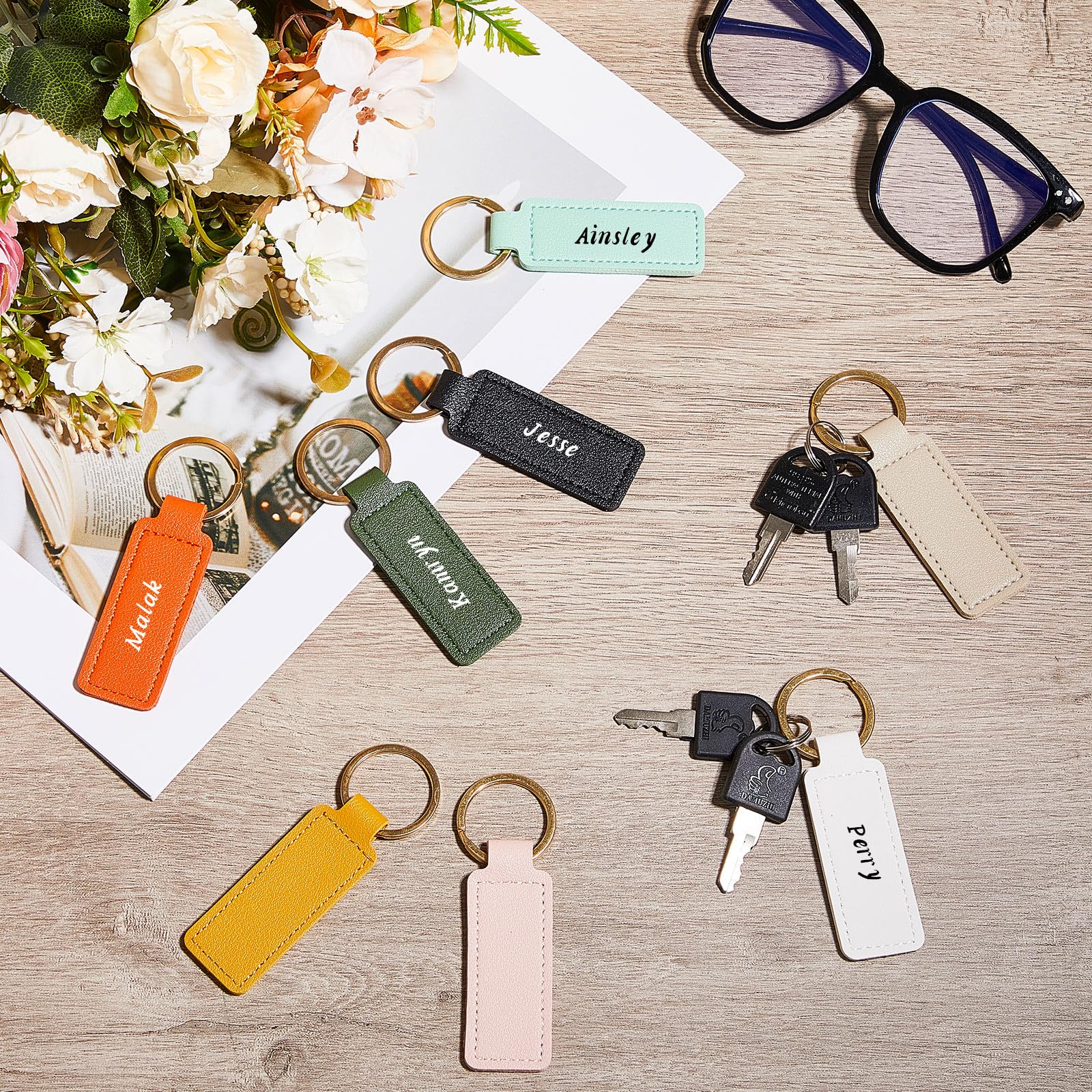 Wavyknot 48 Pcs Leather Keychains Blank Bulk PU Leather Sublimation Key Chains Gift Birthday Halloween(Bright Color)