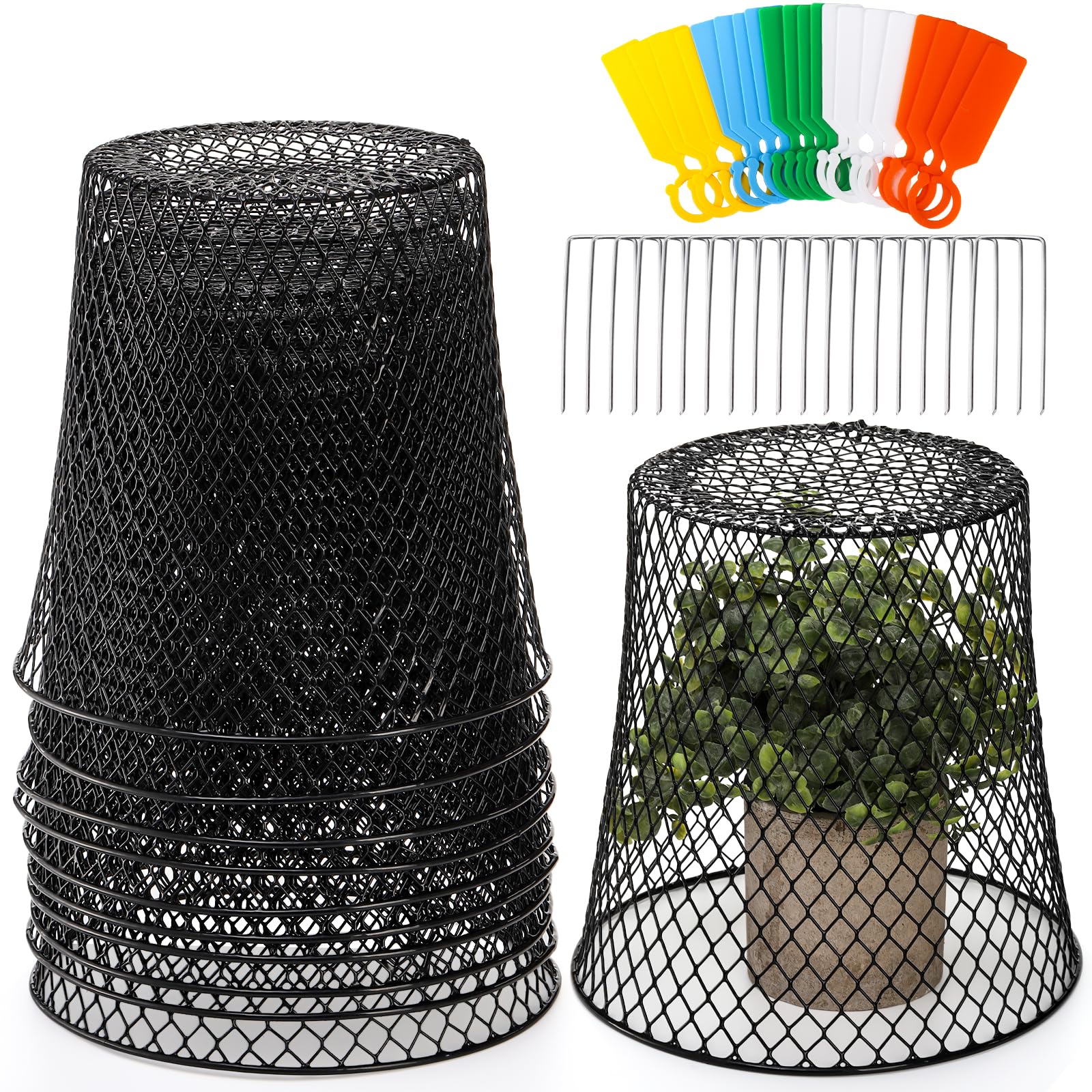 SOUJOY 10 Pieces Chicken Wire Plant Covers, Garden Cloche with 30 Garden Stakes and 20 Waterproof Labels, Metal Cage Protector Basket for Keeping Bunnies Chicken Squirrels Birds Out