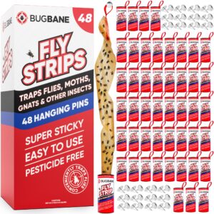 48 fly strips indoor sticky hanging with pins. fly trap fly paper strips indoor hanging fly tape for indoors and outdoor. fly catcher fly ribbon sticky fly traps for indoors flypaper. fruit gnat traps