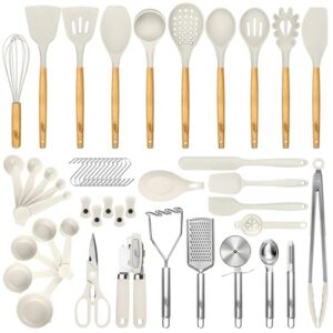 Kaluns 50 PCS Silicone Kitchen Utensils Set Complete Kitchen Set - 800°F Heat Resistant Non-Stick Premium Silicone Cooking Utensils W Wooden Handles - Can Opener, Masher, Turner, Silicone Spatula Set