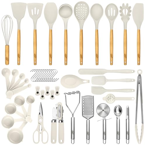 Kaluns 50 PCS Silicone Kitchen Utensils Set Complete Kitchen Set - 800°F Heat Resistant Non-Stick Premium Silicone Cooking Utensils W Wooden Handles - Can Opener, Masher, Turner, Silicone Spatula Set