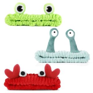 WLLHYF 3 Pack Spa Headband Face Wash Hairband Facial Makeup Head Wraps Cartoon Elastic Head Band Cute Frog Snail Crab Shower Headband Creative Hair Accessories for Beauty Skincare Sports