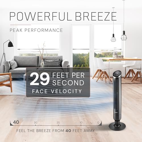 Lasko Apex 42" Tower Fans for Home, 29 ft/s Airflow, Quiet 28 dB on Low, 90° Oscillation, 12 Hour Timer, Air Filter for Hair & Dust, Remote Control, Black, RST200