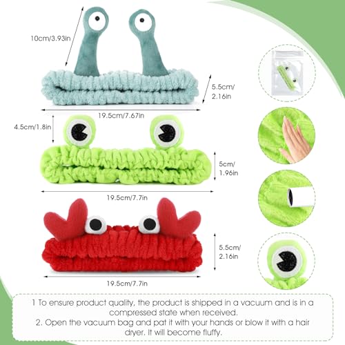 WLLHYF 3 Pack Spa Headband Face Wash Hairband Facial Makeup Head Wraps Cartoon Elastic Head Band Cute Frog Snail Crab Shower Headband Creative Hair Accessories for Beauty Skincare Sports