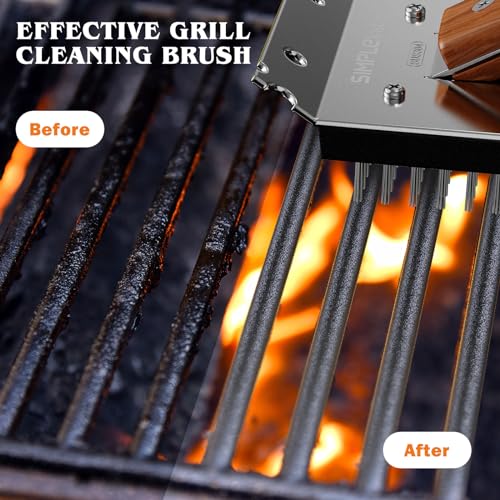 SIMPLETASTE Grill Brush and Scraper, Cherry Wooden Handle Wire Grill Brush for Grill Grate Cleaner Plus Stainless Steel Bristles Head for Replacement, Durable & Effective BBQ Tool [Upgraded]