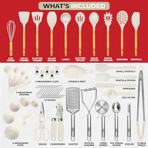 Kaluns 50 PCS Silicone Kitchen Utensils Set Complete Kitchen Set - 800°F Heat Resistant Non-Stick Premium Silicone Cooking Utensils W Wooden Handles - Can Opener, Masher, Turner, Silicone Spatula Set