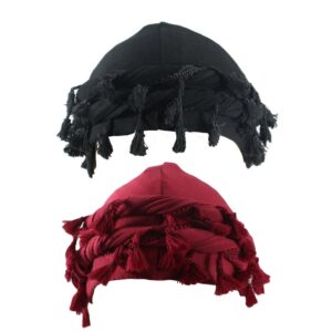 pumeti 2 pc turban head wraps for men satin lined turban for women vintage twist velvet durags gifts (wine red&black)