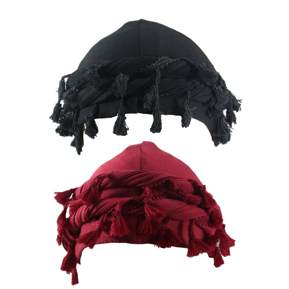 Pumeti 2 Pc Turban Head Wraps for Men Satin Lined Turban for Women Vintage Twist Velvet Durags Gifts (Wine Red&Black)