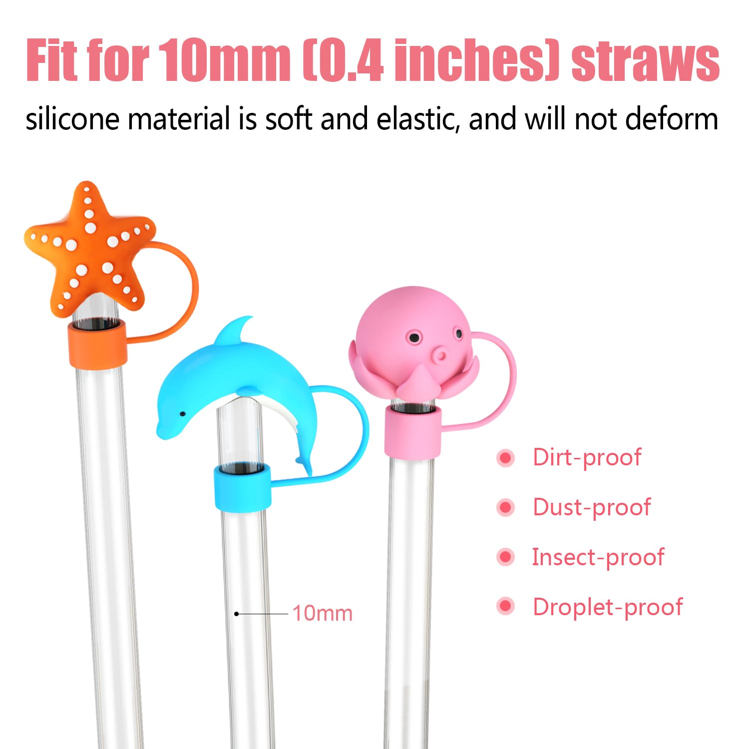 8pcs Sea Animal Cute Straw Cover Cap for Stanley Cup, Silicone Straw Topper for 30&40 Oz Stanley Tumbler with Handle,10mm 0.4in Reusable Straw Tips Lids Dust-Proof Topper for Water Bottle