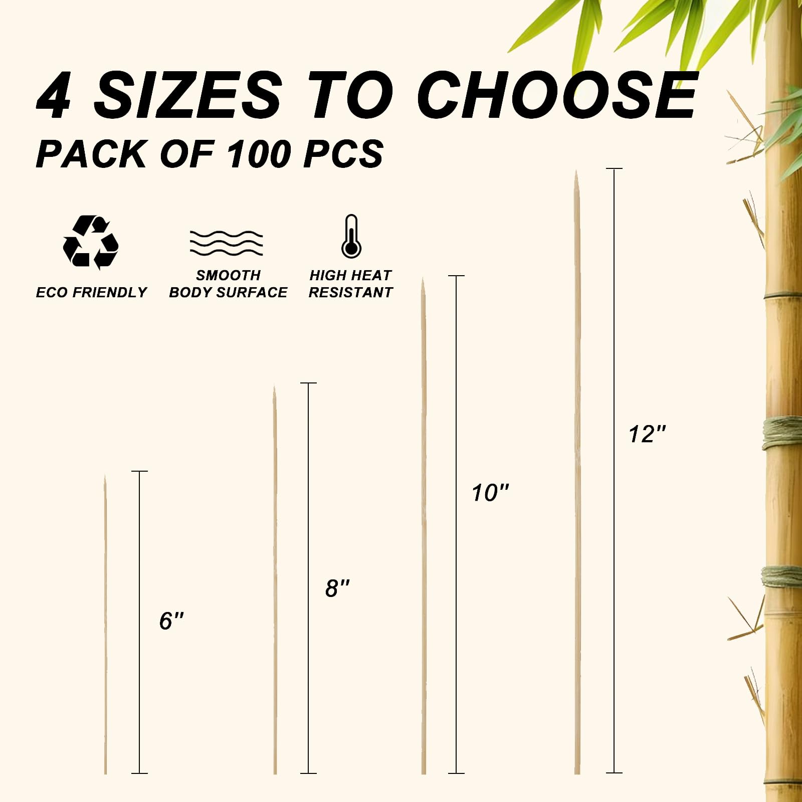 DaTpuik 12 inch Natural Bamboo Skewers for Barbecue Party，Fruit，Kabob，Appetiser，Hamburger，Cocktail，Craft，Bouquet，Chocolate Fountain，Corn Dog, diameter=4mm. More Size Choices 6"/8"/10"/12"(100 PCS)