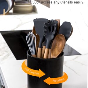 Nucookery 360°Rotating Utensil Holder, 7.2" Kitchen Utensil Crock, Ceramic Cooking Utensil Organizer with Countertop-Protection Cork Bottom for Farmhouse Kitchen Decor Christmas (Stone Black)