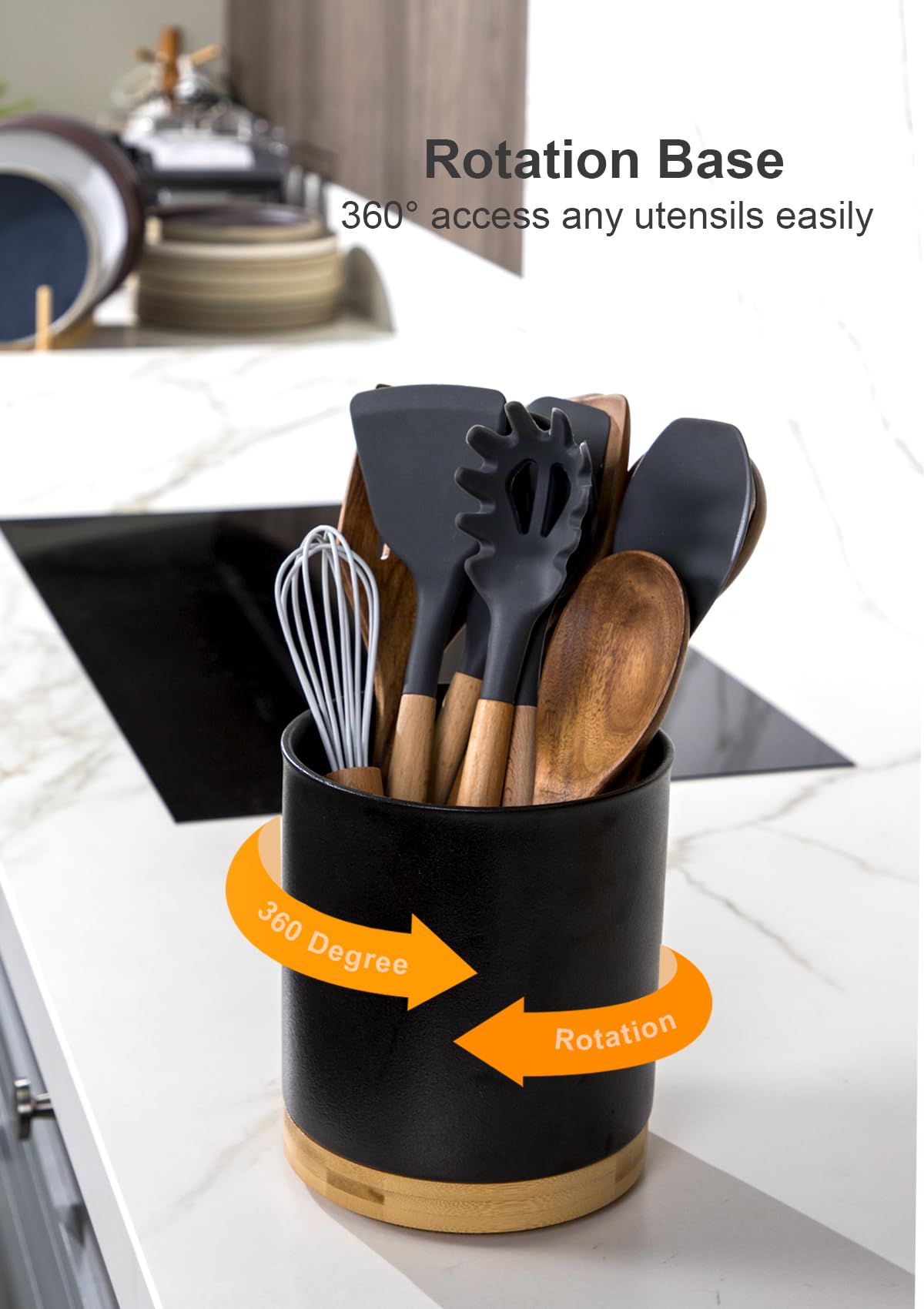 Nucookery 360°Rotating Utensil Holder, 7.2" Kitchen Utensil Crock, Ceramic Cooking Utensil Organizer with Countertop-Protection Cork Bottom for Farmhouse Kitchen Decor Christmas (Stone Black)