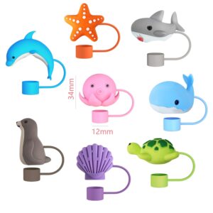 8pcs Sea Animal Cute Straw Cover Cap for Stanley Cup, Silicone Straw Topper for 30&40 Oz Stanley Tumbler with Handle,10mm 0.4in Reusable Straw Tips Lids Dust-Proof Topper for Water Bottle