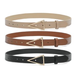 hotwill 3 pack women belts for jeans dress skinny waist belt with gold triangle buckle 0.90" width thin belts for ladies black brown beige small