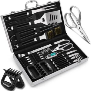 rinpir 35pcs deluxe grilling gifts set for birthday christmas, stainless steel bbq accessories kit for men dad, professional grill tools utensils with scissors, meat claws in aluminum case black