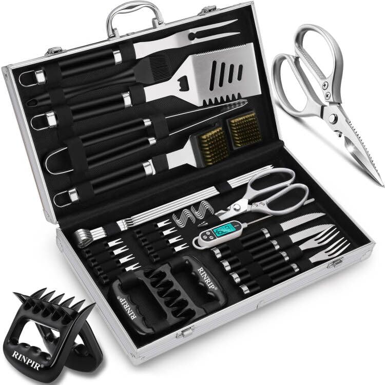 RINPIR 35pcs Deluxe Grilling Gifts Set for Birthday Christmas, Stainless Steel BBQ Accessories Kit for Men Dad, Professional Grill Tools Utensils with Scissors, Meat Claws in Aluminum Case Black