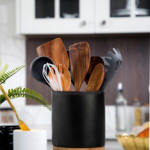 Nucookery 360°Rotating Utensil Holder, 7.2" Kitchen Utensil Crock, Ceramic Cooking Utensil Organizer with Countertop-Protection Cork Bottom for Farmhouse Kitchen Decor Christmas (Stone Black)