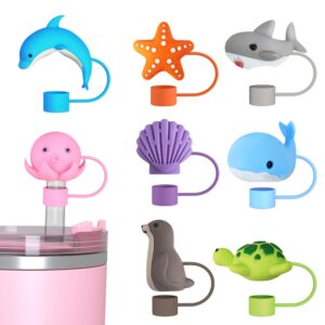 8pcs Sea Animal Cute Straw Cover Cap for Stanley Cup, Silicone Straw Topper for 30&40 Oz Stanley Tumbler with Handle,10mm 0.4in Reusable Straw Tips Lids Dust-Proof Topper for Water Bottle