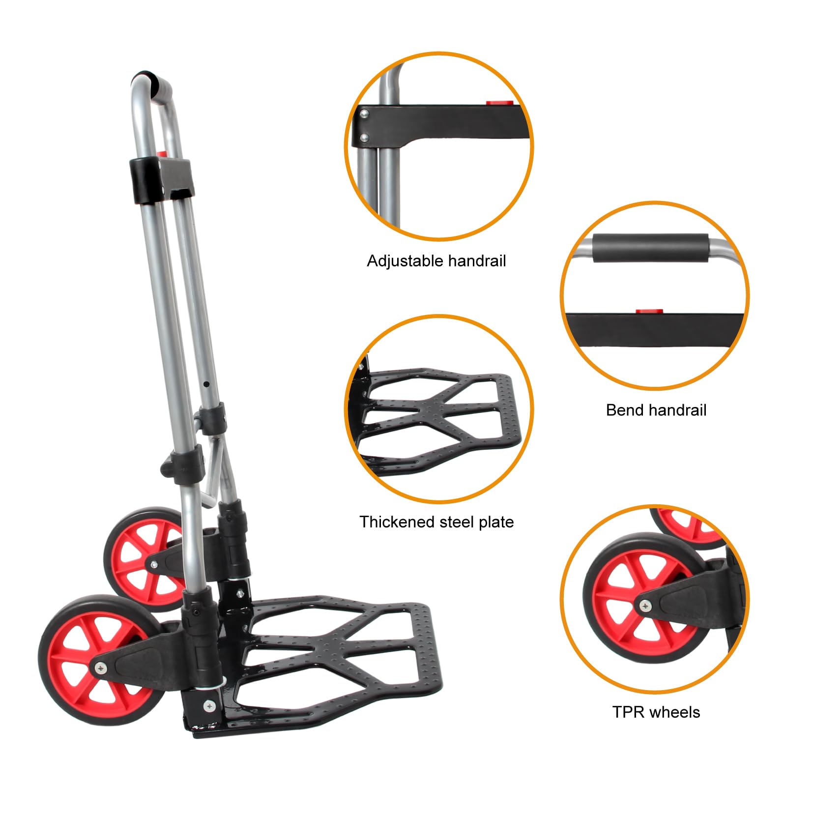 LEADALLWAY 240lbs Capacity Dolly Cart with Rope,Steel Portable Cart Telescoping Handle and Two 6" Nylon+Rubber Wheels