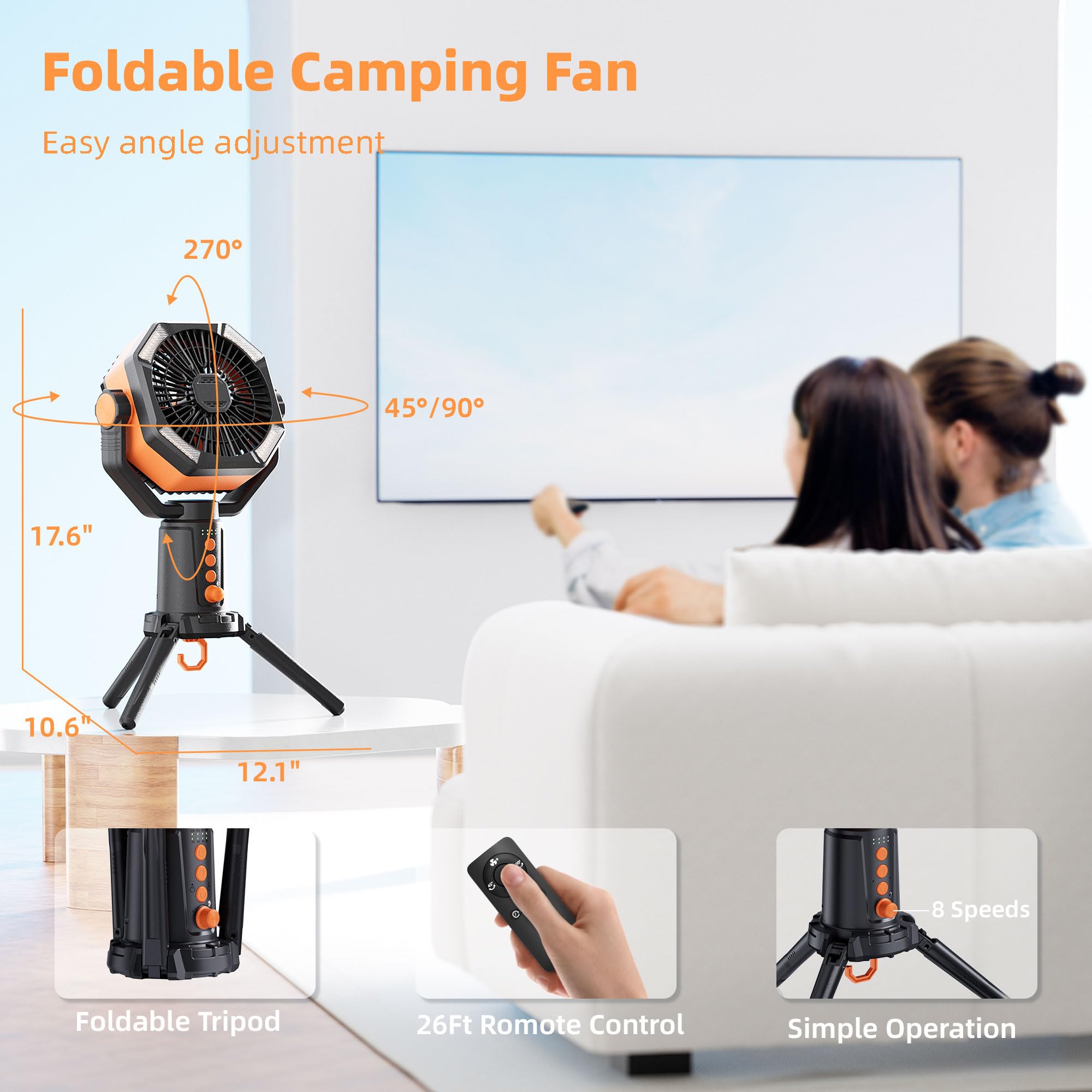 MORIKO Table Fans Tripod, 20000mAh Rechargeable Battery Operated Portable Tent Fan with LED Lantern, Remote Control, Hook, 270° Pivot, Stepless Speed-Ideal for Camping, Picnic, Barbecue, Jobsite