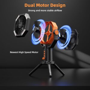 MORIKO Table Fans Tripod, 20000mAh Rechargeable Battery Operated Portable Tent Fan with LED Lantern, Remote Control, Hook, 270° Pivot, Stepless Speed-Ideal for Camping, Picnic, Barbecue, Jobsite