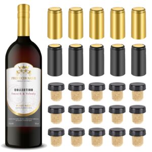 wine sealer for wine bottles - 50 pcs wine bottle resealer kit for cruise with pvc heat shrink capsules, t-shape wine bottle cork stopper with black plastic top for making cellars and home use