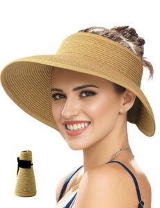 straw sun visor hats for women, pakcable roll-up wide brim ponytail summer beach hat, straw hats for women uv protection, beach hats for women for girls holiday summer vacation travel (dark coffee)