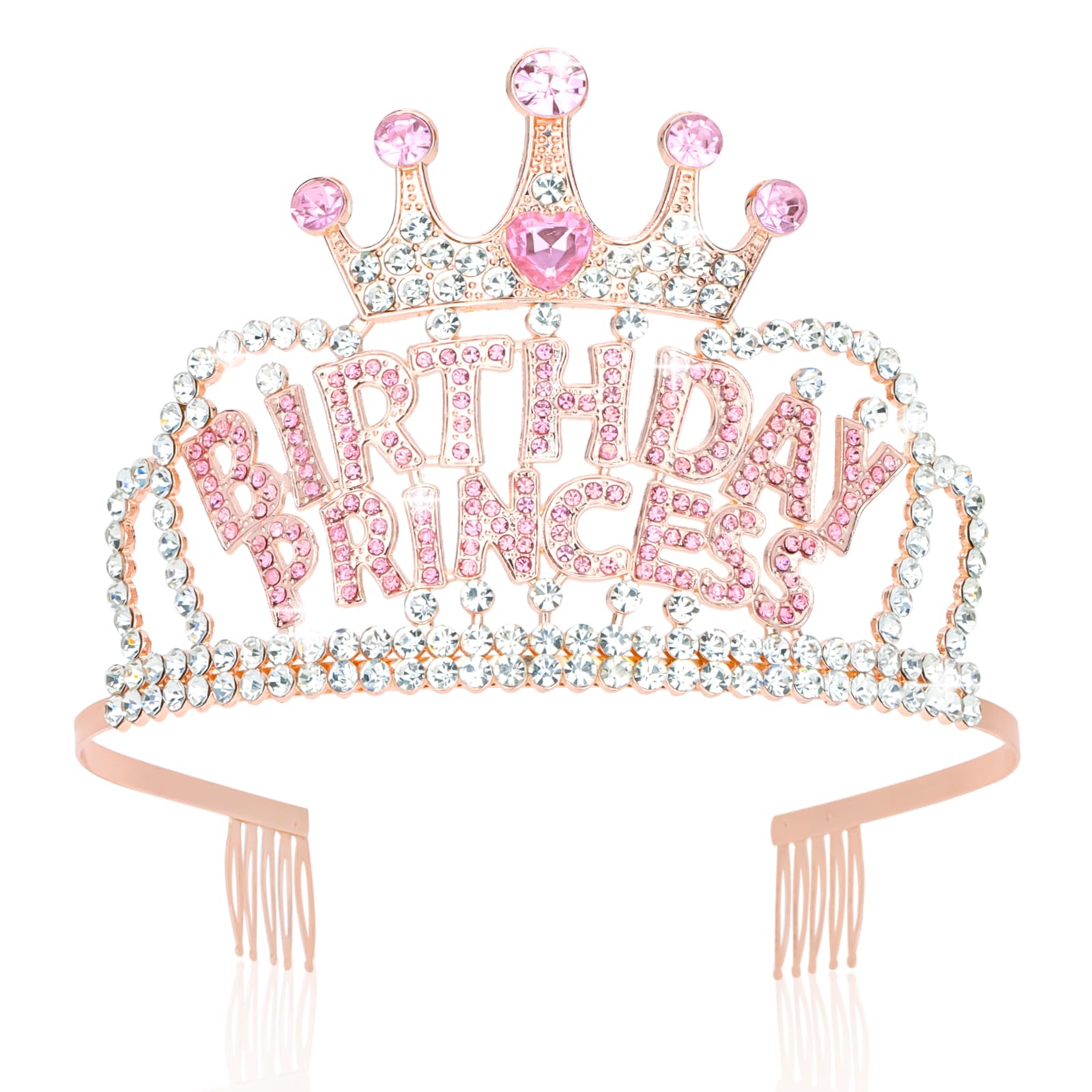 Wecoe Rose Gold Birthday Princess Crown with Combs Birthday Rhinestone Tiara Headband Happy Birthday Party Favors Decorations 16th 18th 21st 25th Birthday Gifts for Her