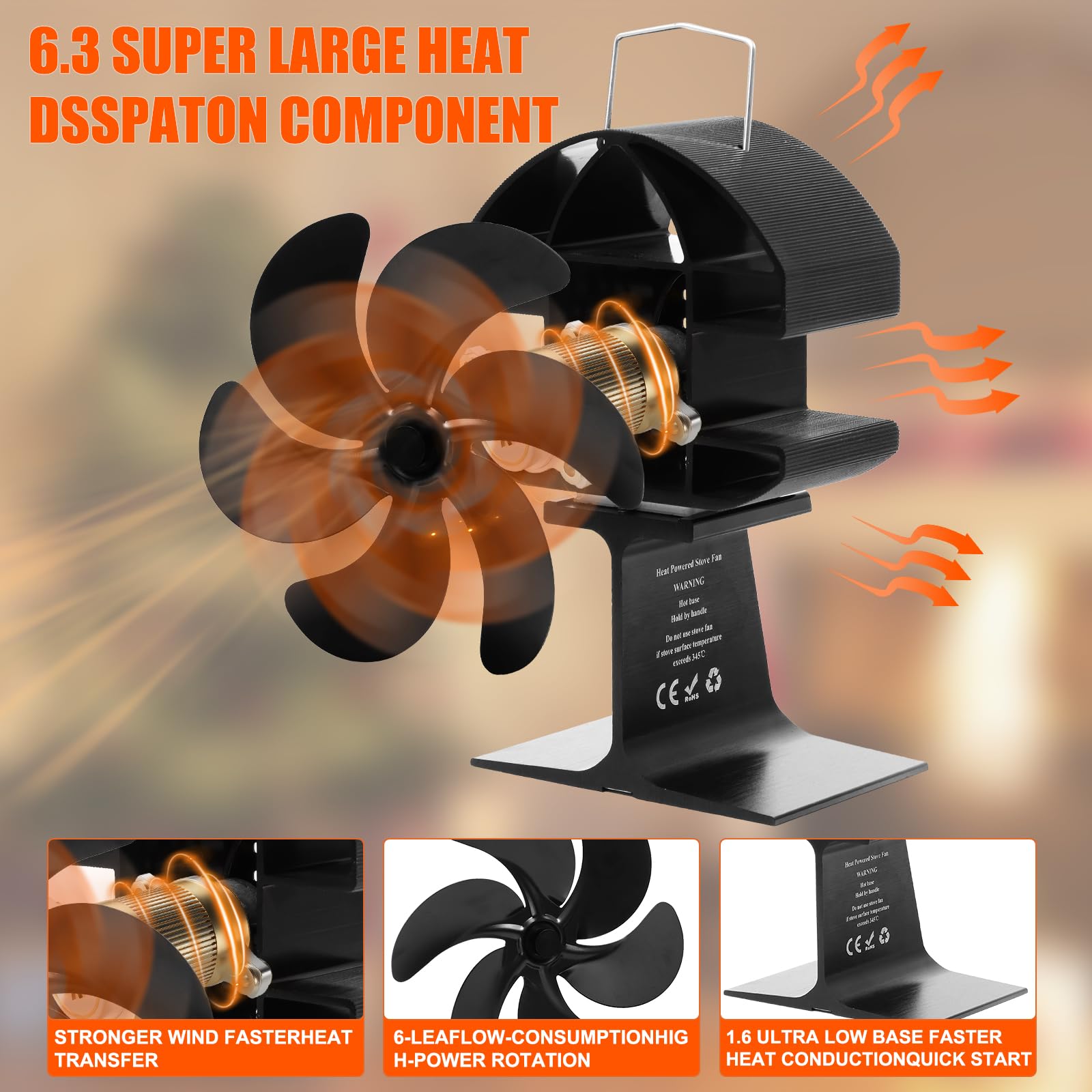 Heat Powered Wood Stove Fan, 6-Blade Wood Stove Fan for Wood Durning/Pellet/Log Burer Stoves,Thermometer, Christmas Gift,Camping Outdoor Indoor.