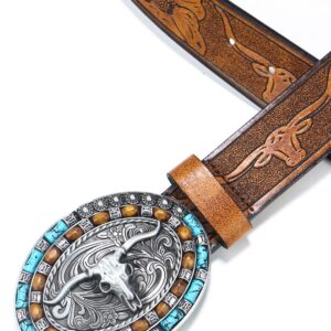 FGSS Western-Cowboy-Leather-Belts for Women Turquoise-Oval-Buckle Embossed Cowgirl Belt for Jeans Pants