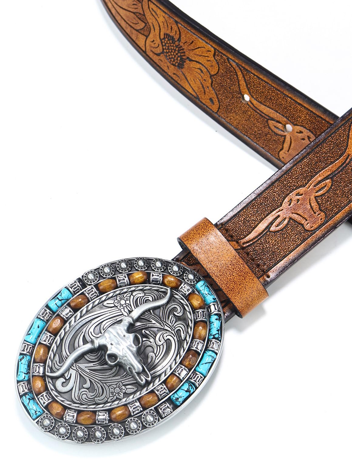 FGSS Western-Cowboy-Leather-Belts for Women Turquoise-Oval-Buckle Embossed Cowgirl Belt for Jeans Pants