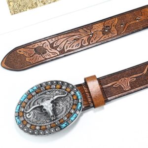 FGSS Western-Cowboy-Leather-Belts for Women Turquoise-Oval-Buckle Embossed Cowgirl Belt for Jeans Pants