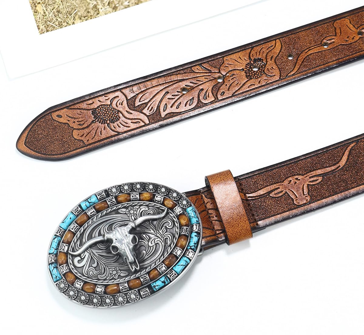 FGSS Western-Cowboy-Leather-Belts for Women Turquoise-Oval-Buckle Embossed Cowgirl Belt for Jeans Pants