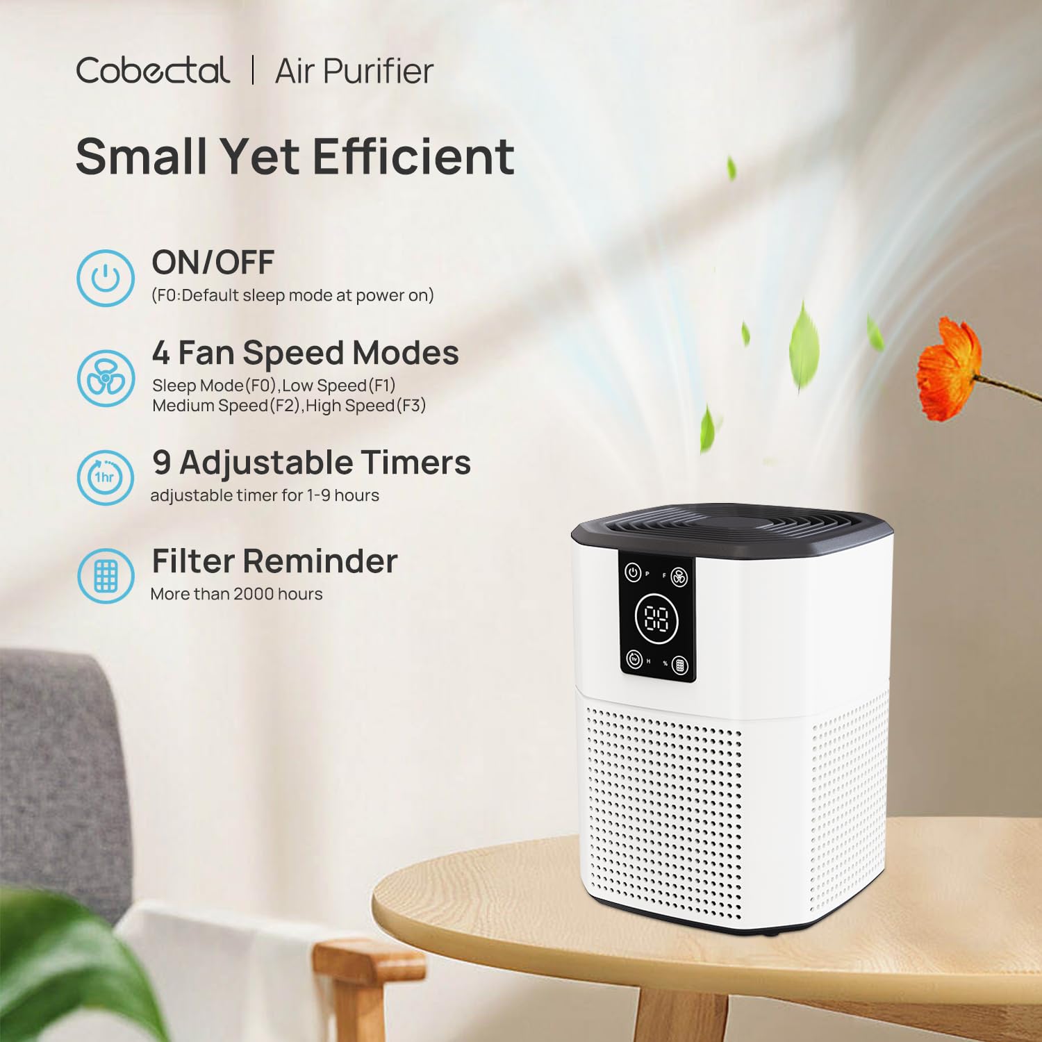 Air Purifiers for Home Bedroom, Quiet Air Purifiers with Sleep Mode, Portable Air Purifier with 4 Speed Control,9 Timers, Small Air Cleaner for Home,Office,Living Room, light white