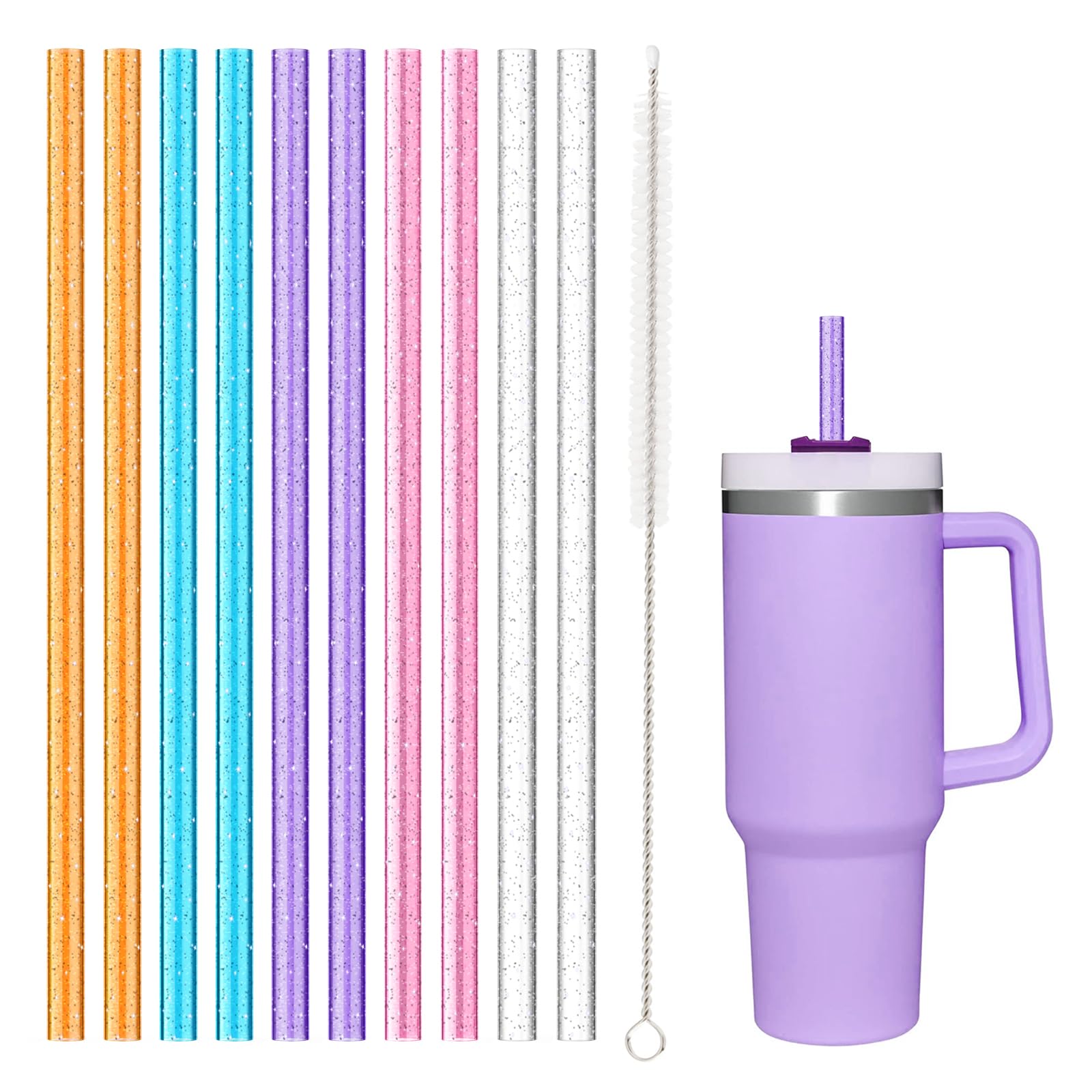 YOUCOX 10 Pack Replacement Straw for Stanley 40 oz 30 oz Cup Tumbler with handle, Color Glitter Reusable Straws with Cleaning Brush for Stanley Adventure Travel Tumbler Accessories, Dishwasher Safe