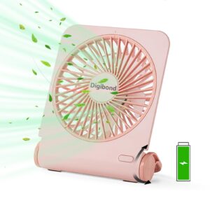 digibond pink mini desk fans small quiet, 3000mah rechargeable high power usb fan for desk top/office/bedroom 4 speed 5in 225° rotated foldable easy clean