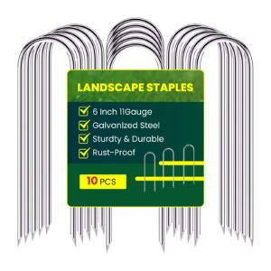 garden stakes 6 inches, u-shaped tent stakes, galvanized landscape staples, ground stakes for landscaping securing weed barrier fabric, irrigation tubing and holding fencey (10pcs)