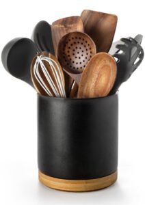 nucookery 360°rotating utensil holder, 7.2" kitchen utensil crock, ceramic cooking utensil organizer with countertop-protection cork bottom for farmhouse kitchen decor christmas (stone black)