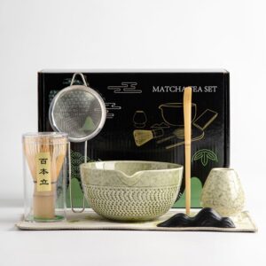 dwehixbuy japanese matcha ceremony accessory, matcha whisk, traditional scoop (chashaku), tea spoon, whisk holder, 1 tea bowl, 1 tea siev, the perfect set to prepare a traditional cup of matcha.