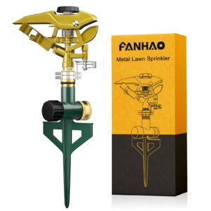 fanhao heavy duty pulsating lawn sprinkler on spike base, 100% metal impact sprinkler with adjustable spray pattern for yard lawn irrigation, 360 degree large area coverage, covers up to 8500 sq. ft