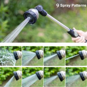 FANHAO Metal Garden Hose Wand, 16-Inch Heavy Duty Watering Wand with 9 Spray Patterns, 180° Rotating Long Garden Hose Nozzle with Thumb Flow Control, Ideal to Water Hanging Baskets and Shrubs