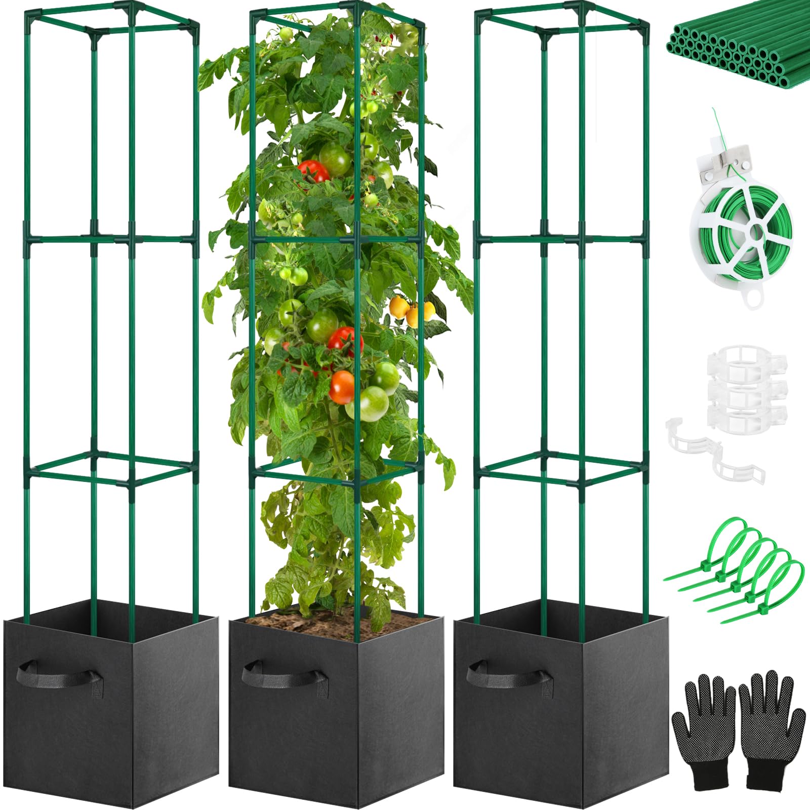 FITTDYHE 3 Pack Tomato Cages for Garden 48 Inches with 3Pcs Tomato Planter(10-Gallon), Upgraded Fiberglass Tomato Trellis Garden Plant Cage, Tomato Plant Support with Grow Bags, Clip,Twist Ties