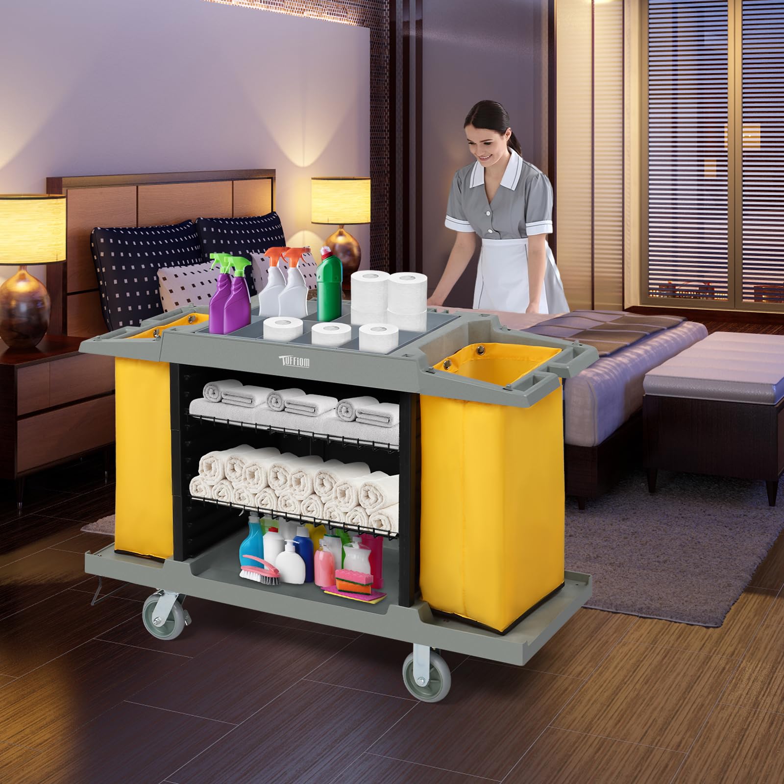 TUFFIOM Industrial Multifunctional Hotel Cart,Commercial Traditional Cleaning Janitorial Room Service Housekeeping Cart, 39" H x 58" W x 21" D