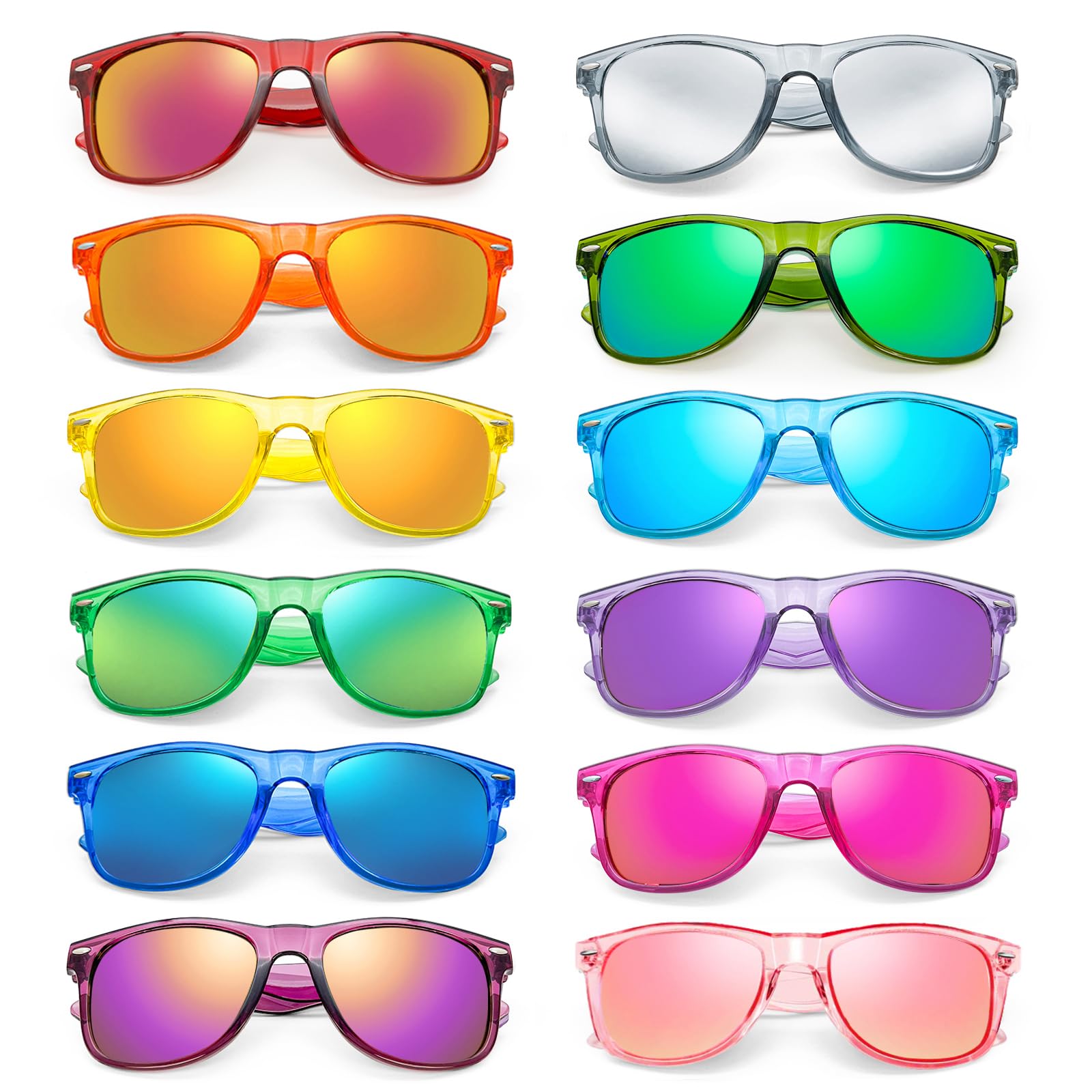 SUNOVELTIES 12 Pack Neon Color Sunglasses Classic Clear Colored Frame Mirrored Lenses Glasses Men/Women Bulk Birthday Beach Pool Party Favors