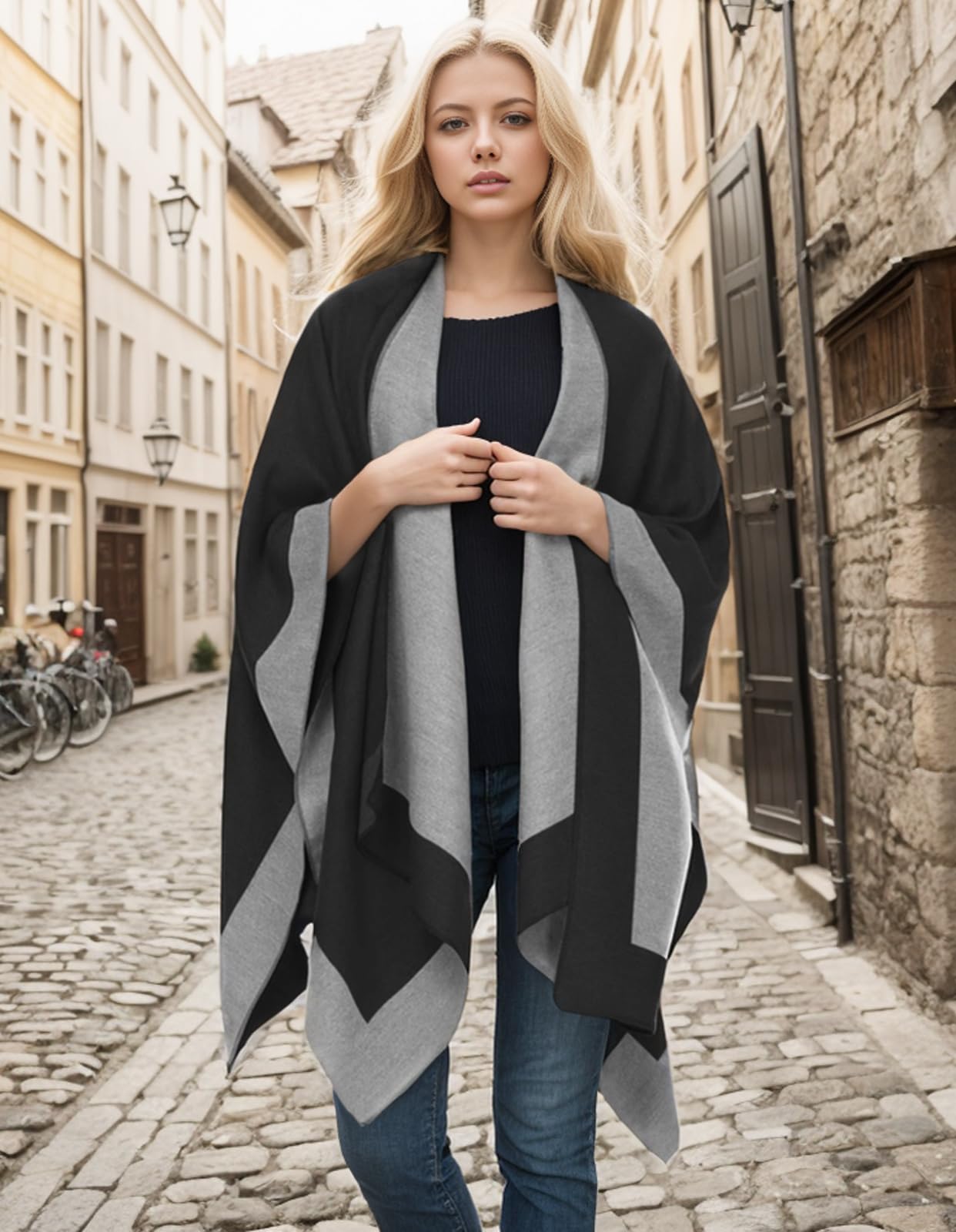 OWIF Women's Shawl Wraps Open Front Poncho Cape Oversized Sweaters Casual Cardigan Shawls for Fall Winter, Border Design-01-Black Gray