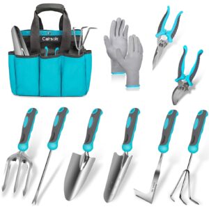 gardening tools, carsolt 10 piece heavy duty stainless steel garden tools set with ergonomic rubber handle. variety of gardening hand tools for planting gardening kit with gift box ideal garden gifts