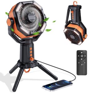 moriko table fans tripod, 20000mah rechargeable battery operated portable tent fan with led lantern, remote control, hook, 270° pivot, stepless speed-ideal for camping, picnic, barbecue, jobsite