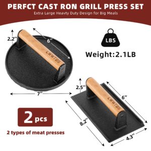 LWWTBS Burger Press Heavy-Duty Cast Iron Smashed Meat Steak Weight Grill Griddle Press (7" Round & 8.2"X4.3" Rectangle) with Wood Handle for Blackstone Griddle