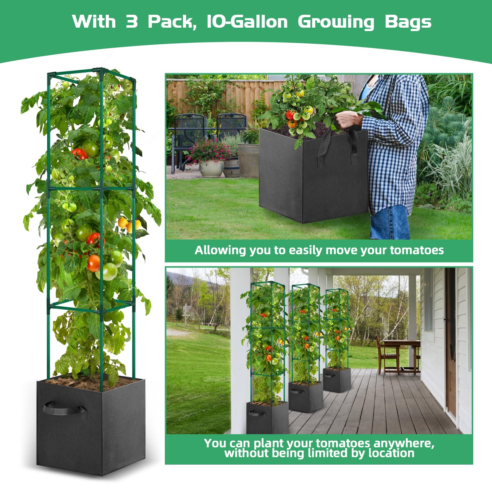 FITTDYHE 3 Pack Tomato Cages for Garden 48 Inches with 3Pcs Tomato Planter(10-Gallon), Upgraded Fiberglass Tomato Trellis Garden Plant Cage, Tomato Plant Support with Grow Bags, Clip,Twist Ties